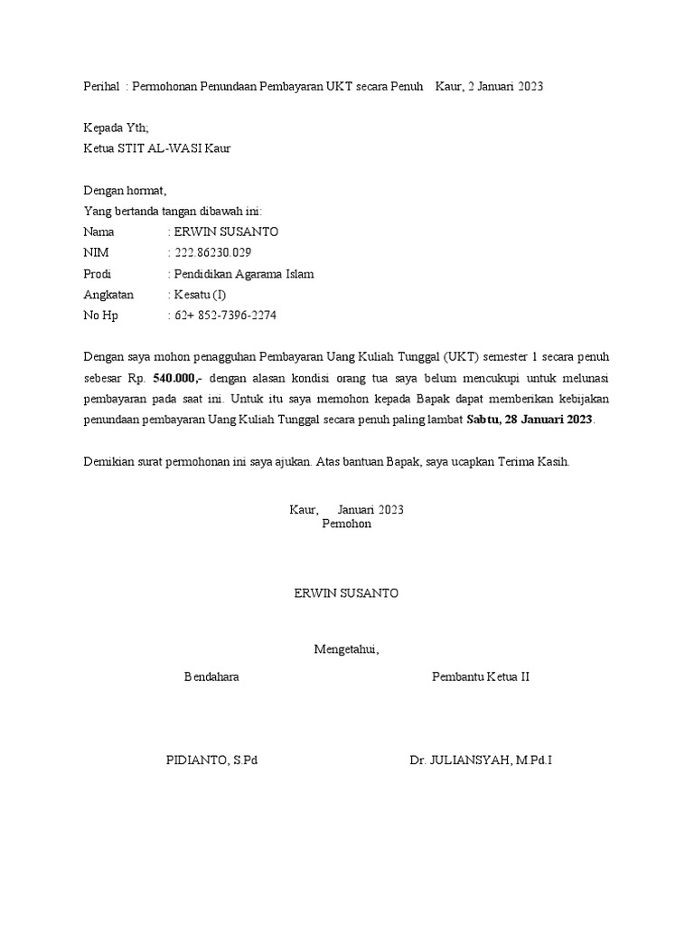 SURAT PENUNDAAN PEMBAYARAN UKT Sem.1 | PDF