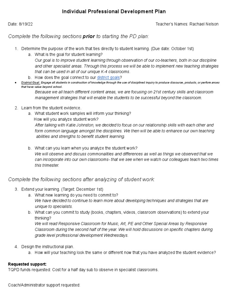 Rachael Nelson 22-23 - Individual Professional Development Plan 22-23 | PDF | Teachers | Learning
