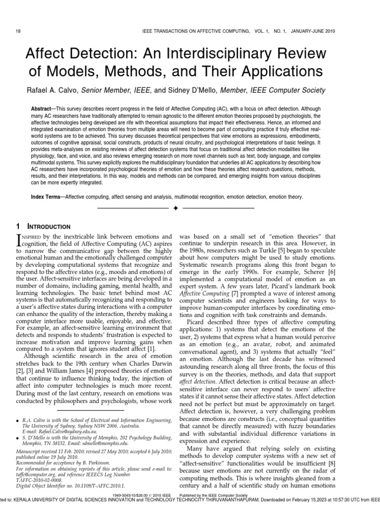 Affect Detection An Interdisciplinary Review of Models Methods and ... Affect Detection An Interdisciplinary Review of Models Methods and ...