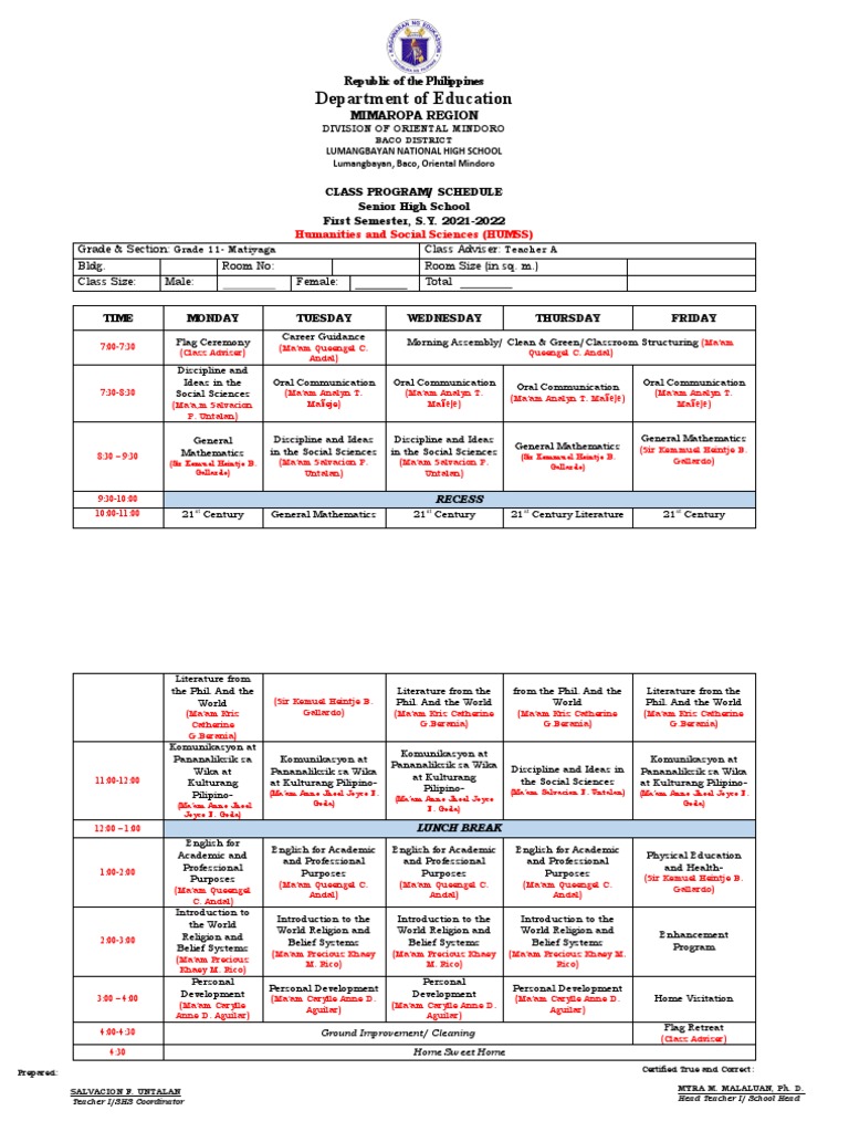 Class Program - SHS | PDF | Cognition