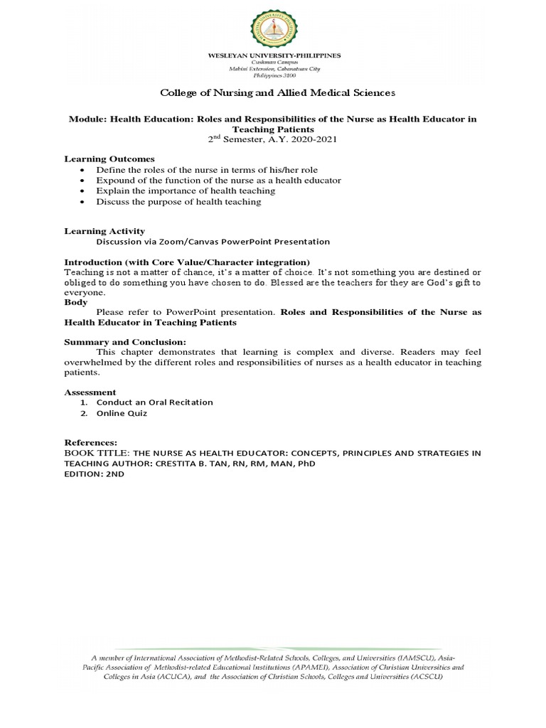 Roles and Responsibilities of The Nurse As Health Educator in Teaching ...