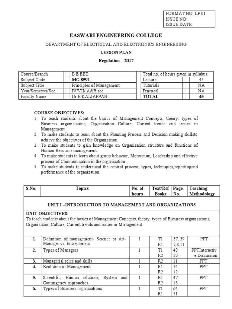Mg8591-Pom Lesson Plan | PDF | Engineering | Science