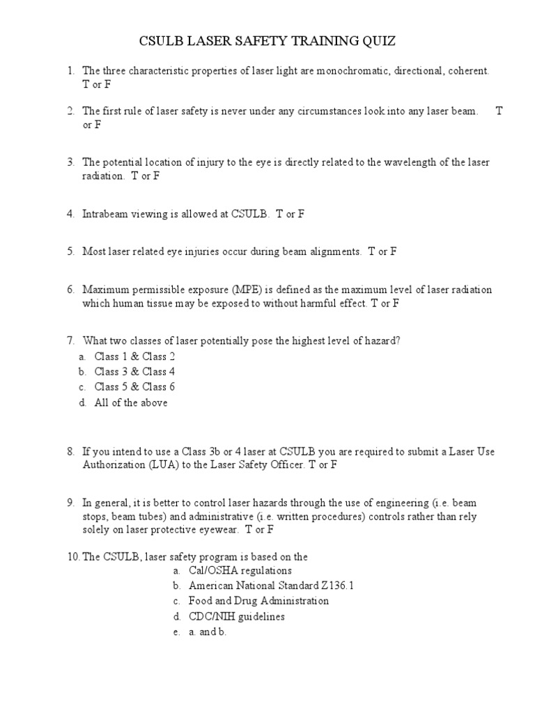 CSULBLaser Safety Quiz | Download Free PDF | Laser | Light