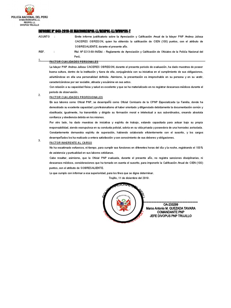 Informe Justificatorio Mayor PNP | PDF