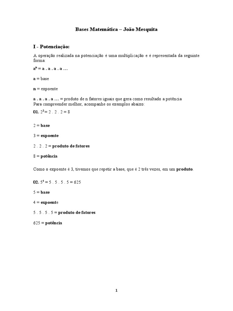 Bases Matemática Aula 01-1 | PDF | Exponenciação | Aritmética
