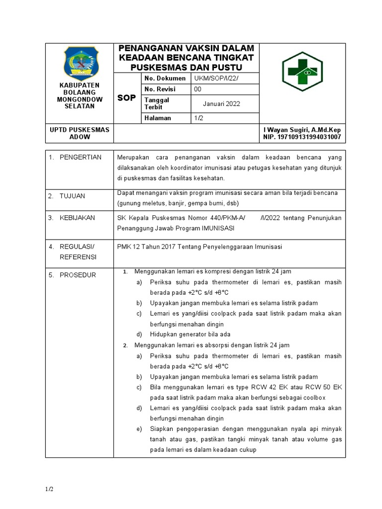Contoh SOP PENANGANAN VAKSIN DALAM KEADAAN BENCANA TINGKAT PUSKESMAS ...