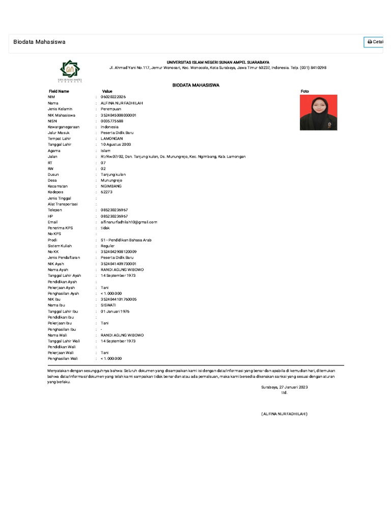 Biodata Mahasiswa Alfina PDF | PDF