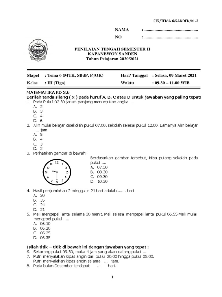 Kelas 3 Tema 6 (MTK, SBDP, Pjok) - Edit | PDF