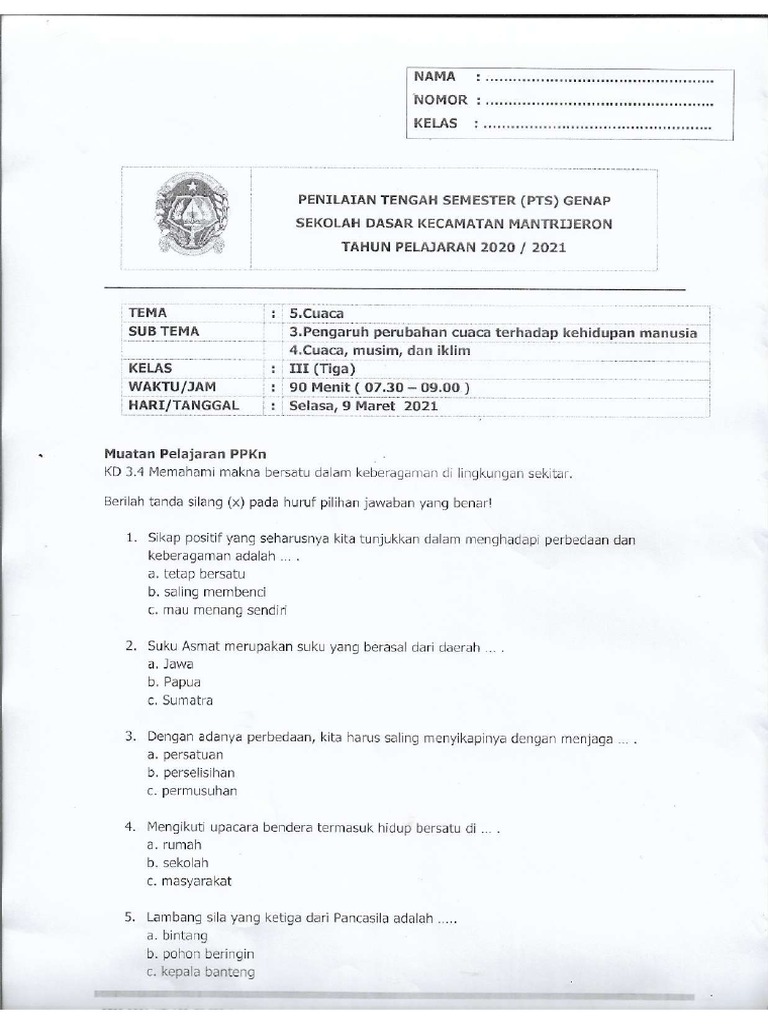 Soal PTS Kelas 3 Tema 5 (Subtema 3 Dan 4) PDF | PDF