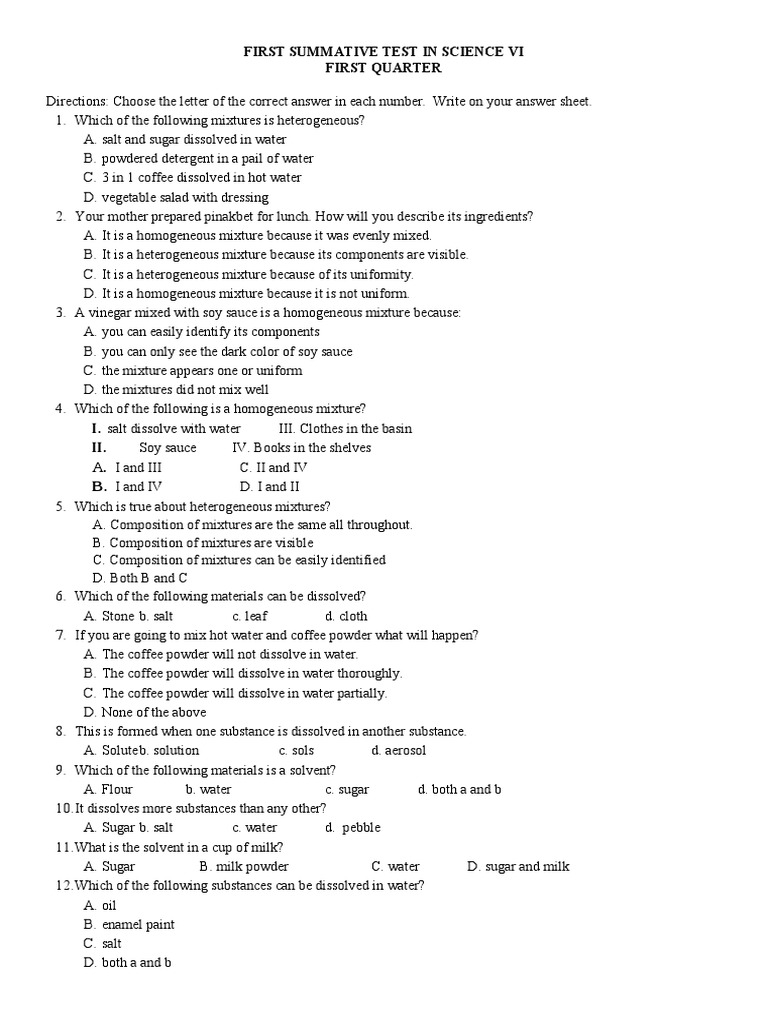 Summative Test on Mixtures: Homogeneous vs Heterogeneous, Solute vs ...
