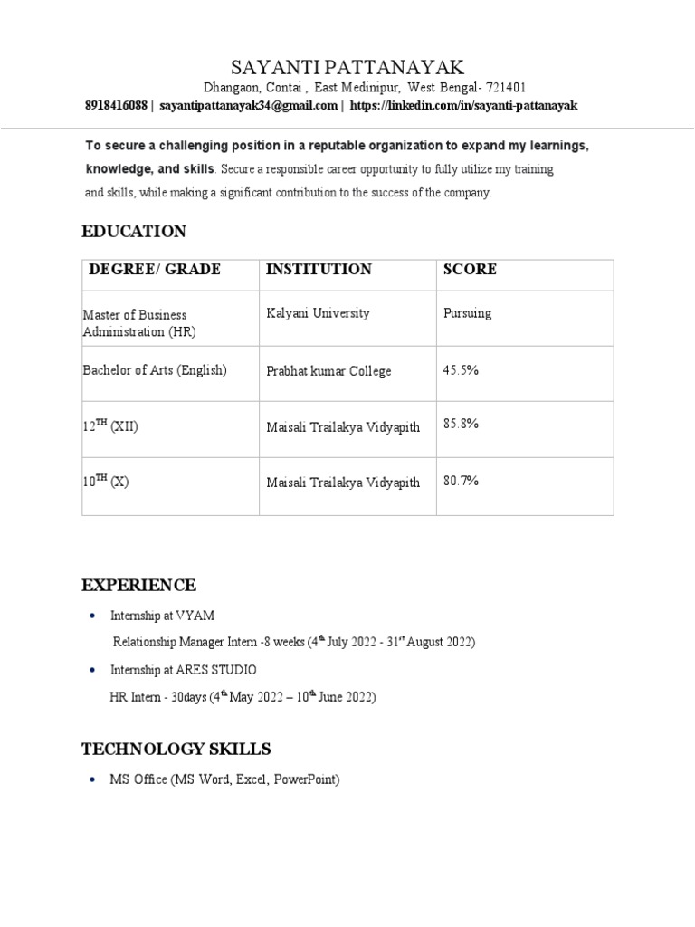 Shalini Resume Pdf