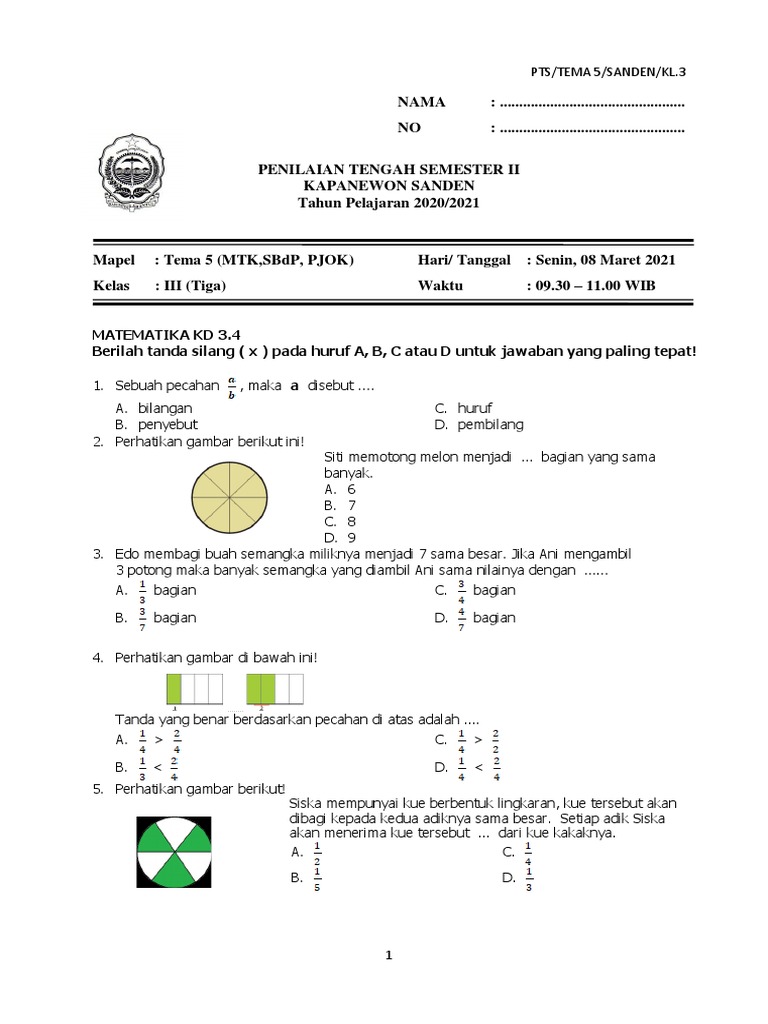 Kelas 3 Tema 5 (MTK, SBDP, Pjok) - Edit | PDF