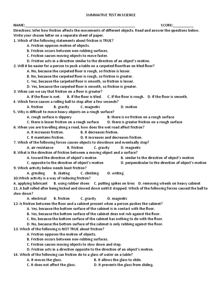 SUMMATIVE TEST IN SCIENCE-3rdq | PDF | Friction | Force