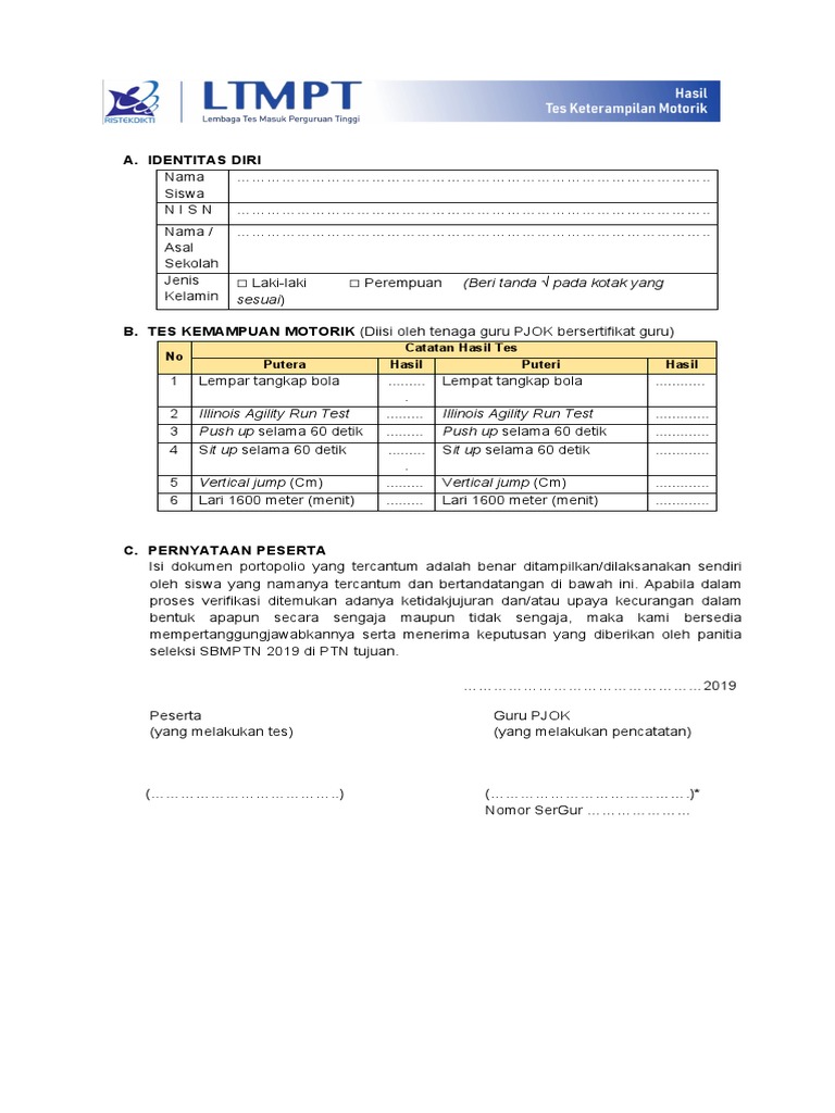 02 Borang Hasil Tes Keterampilan Motorik Olahraga SBMPTN 2019 | PDF