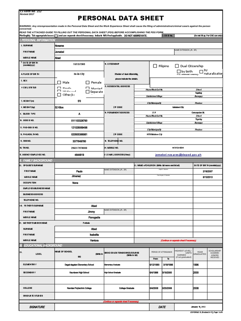 Personal Data Sheet (PDS) Template | PDF | Government