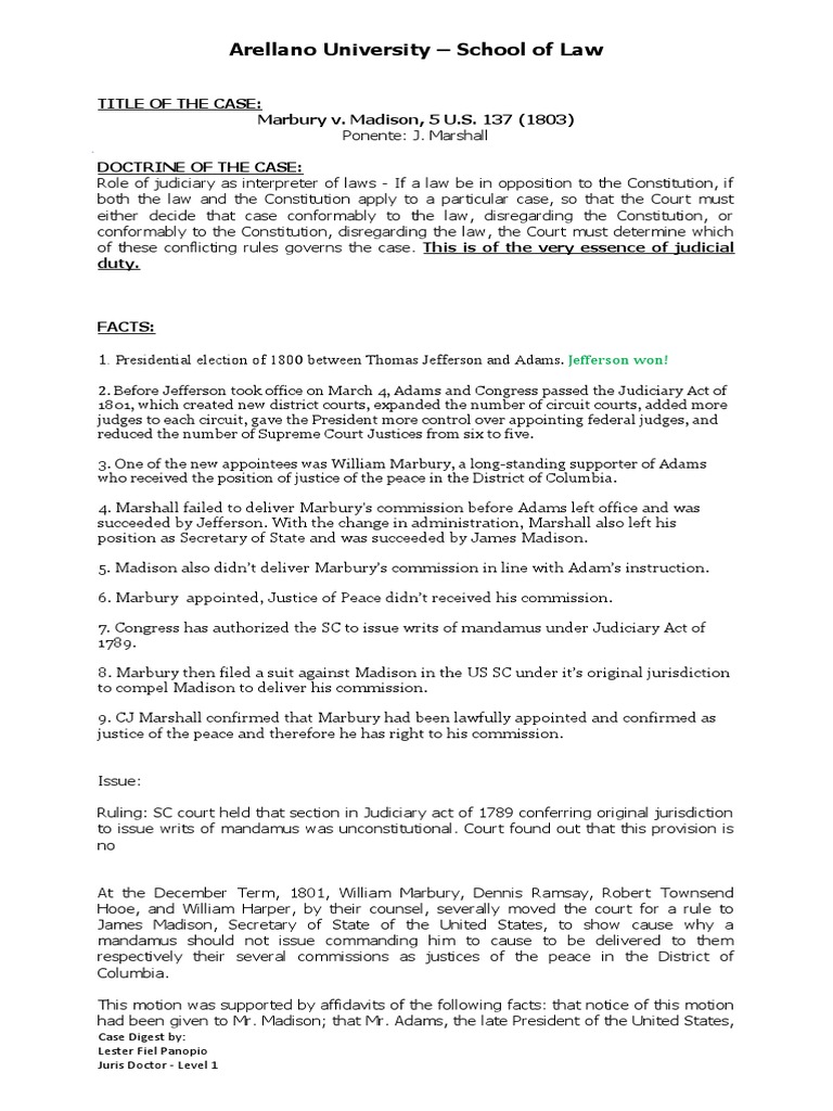 Marbury v. Madison Case Summary | PDF | Marbury V. Madison | Government ...