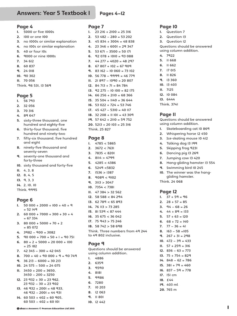 Year 5 Textbook 1 Answers | PDF | Mathematics | Arithmetic