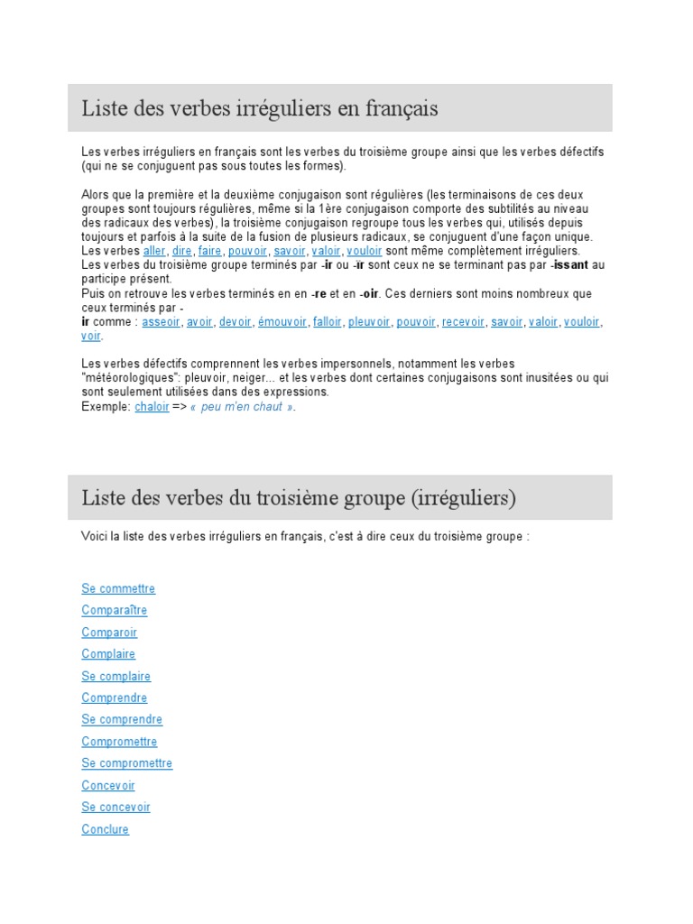 Liste Des Verbes Irréguliers en Français | PDF | Verbe | Lexical semantics