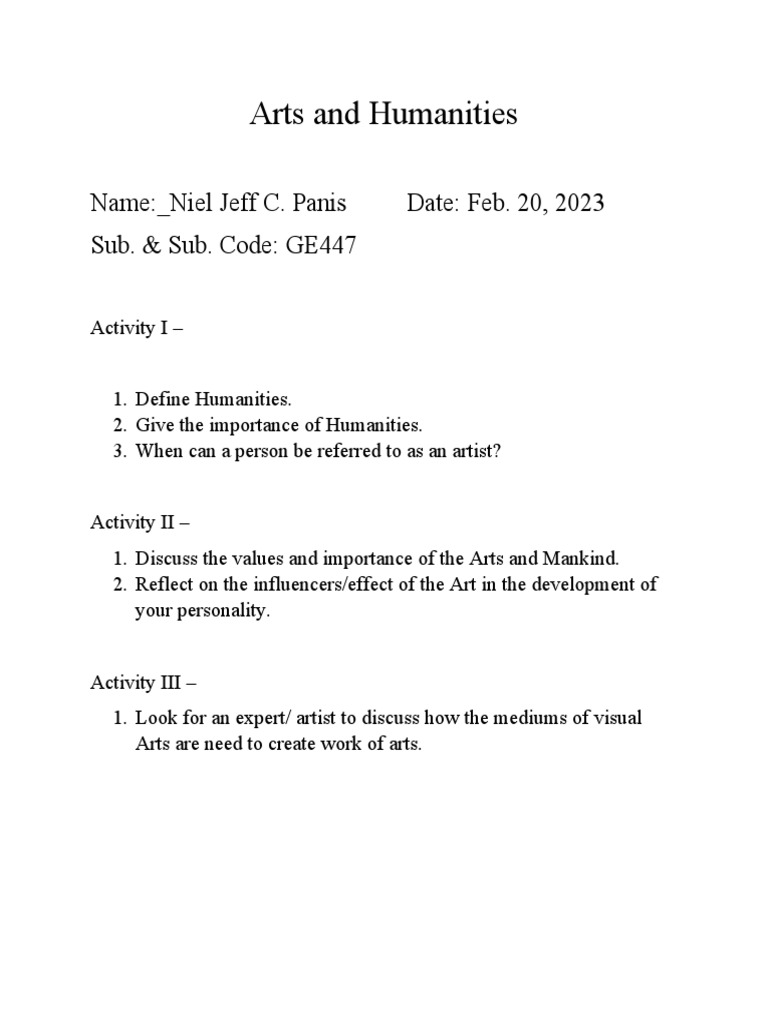 Arts and Humanities 1st Activity | PDF | Humanities | The Arts