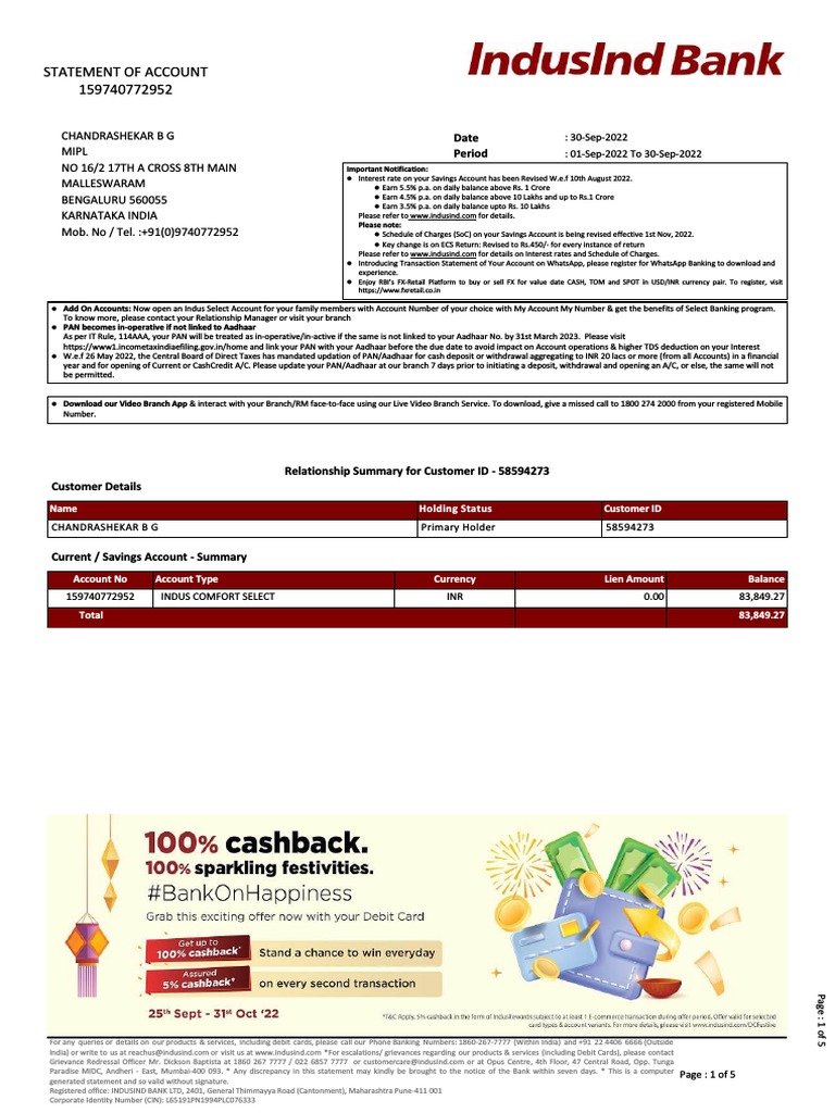 Sep2022_Indus Ind-Statement.pdf | PDF | Debit Card | Business