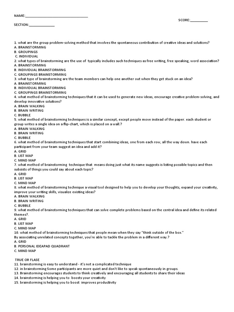 Quiz Time | PDF | Brainstorming | Creativity