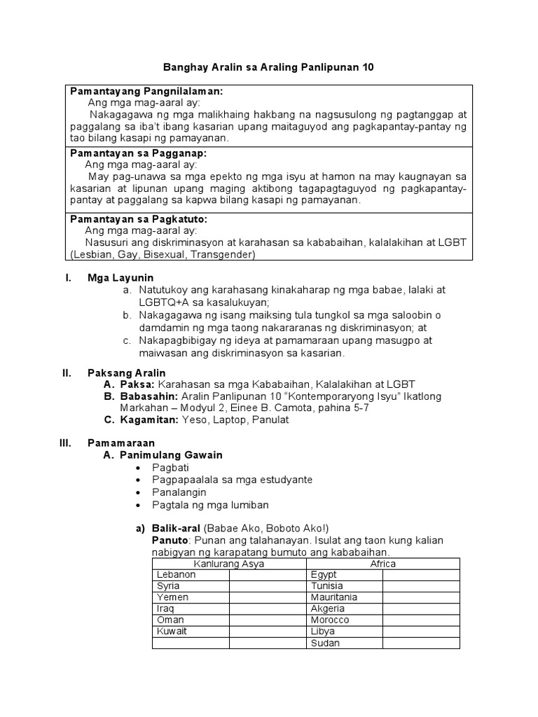 Banghay Aralin Sa Araling Panlipunan 10 - Aralin2 Lesson1 | PDF