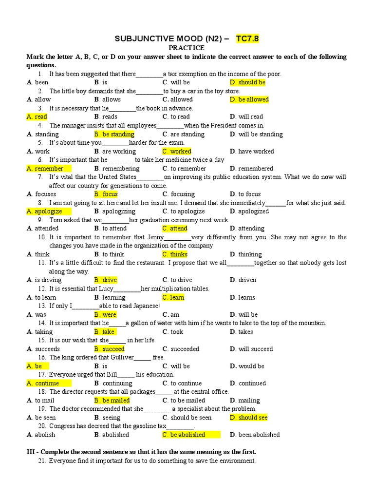 SUBJUNCTIVE MOOD PRACTICE AND QUIZ | PDF