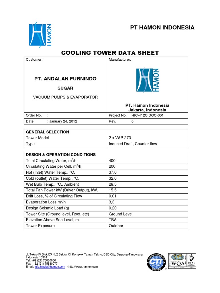 Cooling Tower Data Sheet for PT Hamon | PDF | Electric Motor | Applied ...