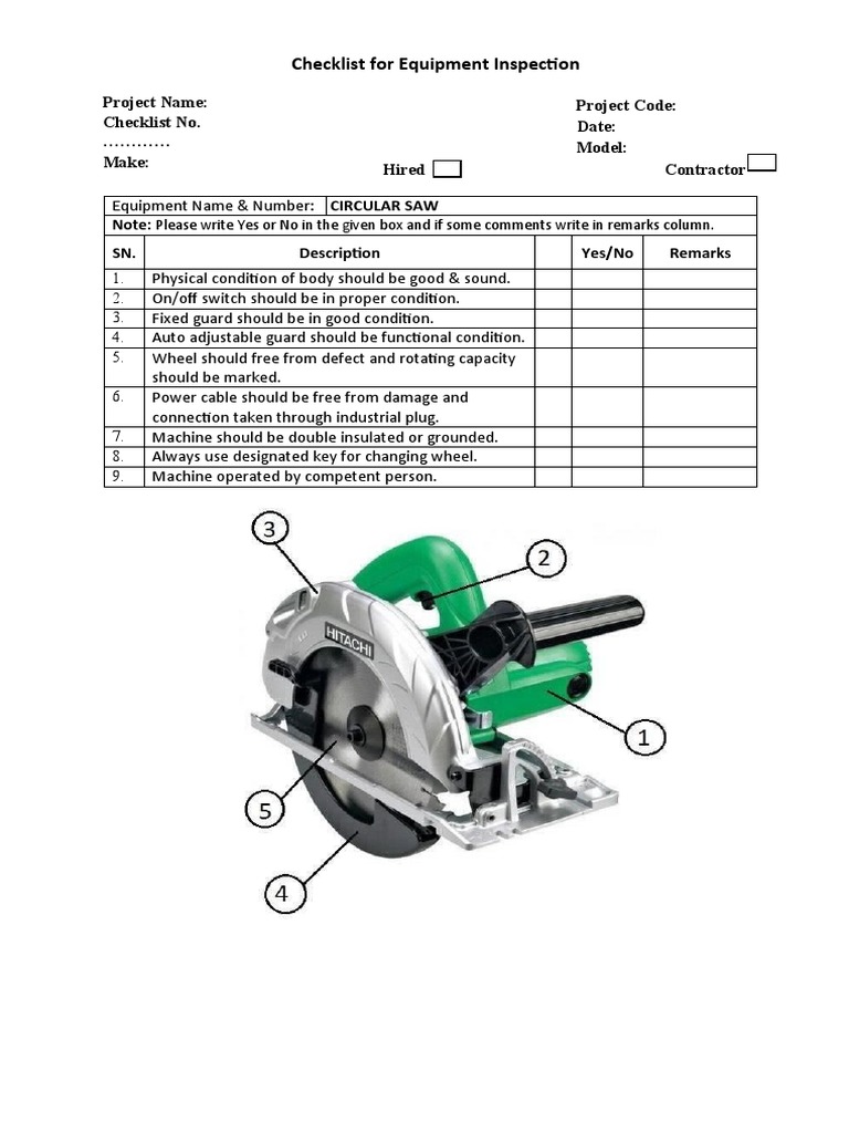 Checklist For Equipment Inspection Circular Saw | PDF | Business | Technology & Engineering