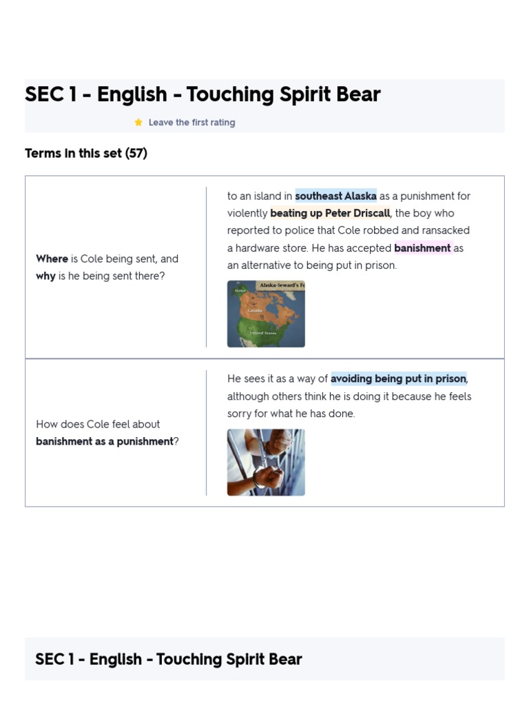 SEC 1 - English - Touching Spirit Bear Flashcards - Quizlet | PDF