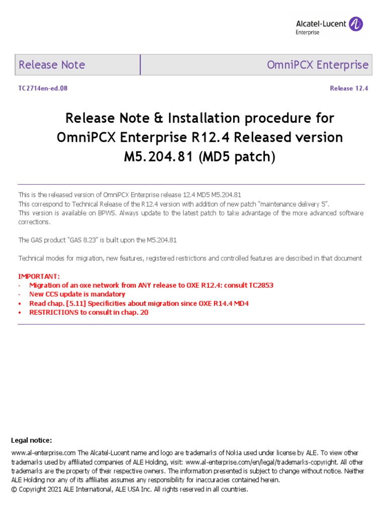 TC2714en-Ed08 Release Note and Installation Procedure OmniPCX Enterprise R12.4 Version M5.204 ...