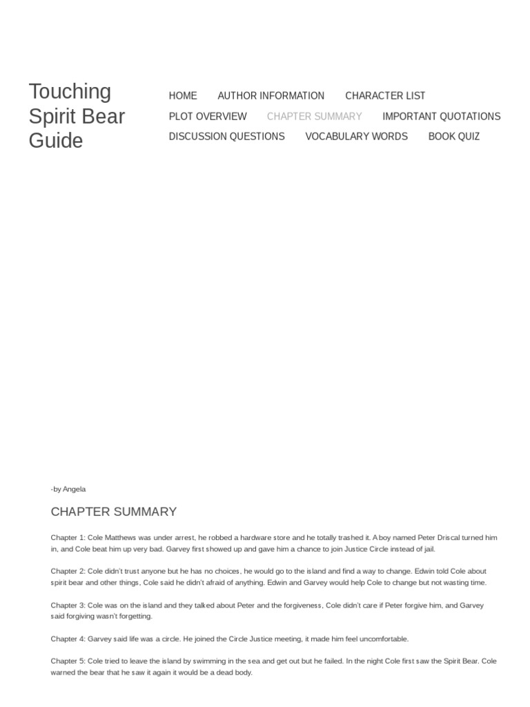 Touching Spirit Bear Summary | PDF | General Fiction