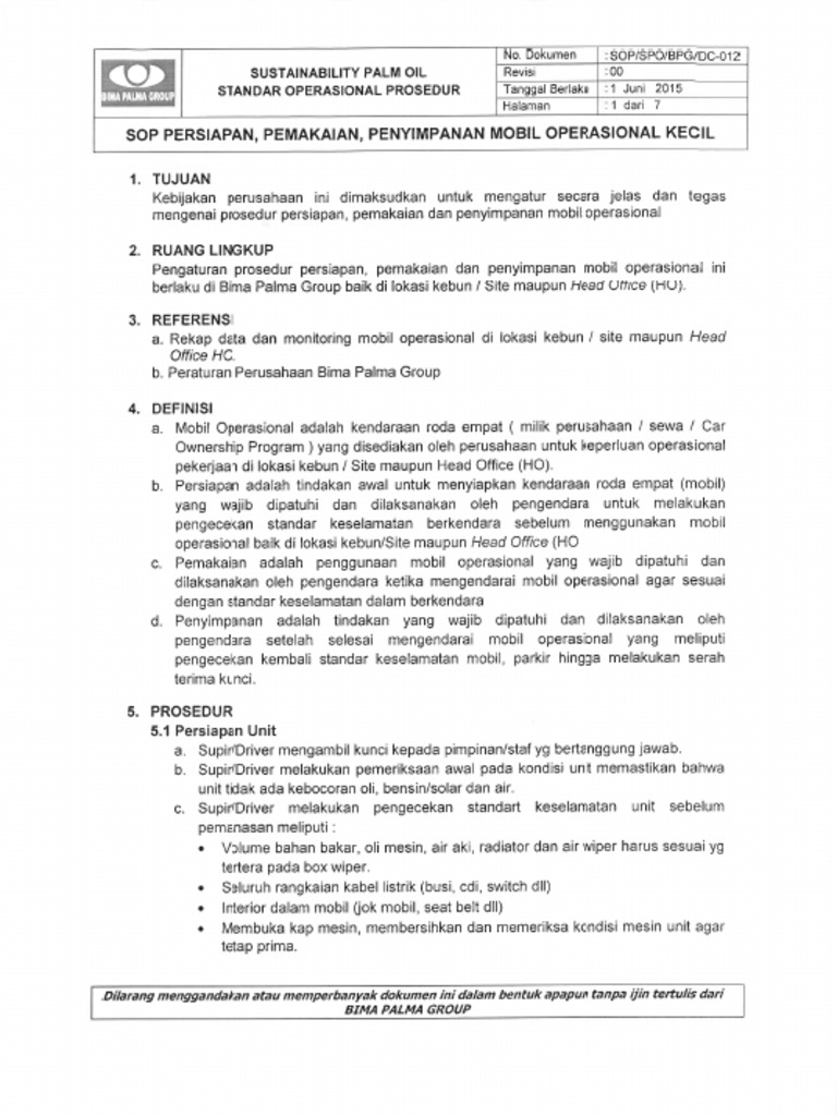 012 - SOP Persiapan, Pemakaian & Penyimpanan Mobil Ops Kecil | PDF