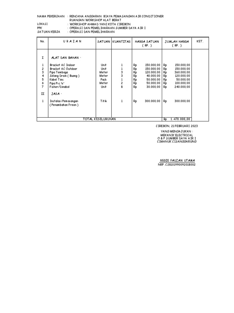 RAB Pemasangan AC Ruangan Workshop Alat Berat | PDF