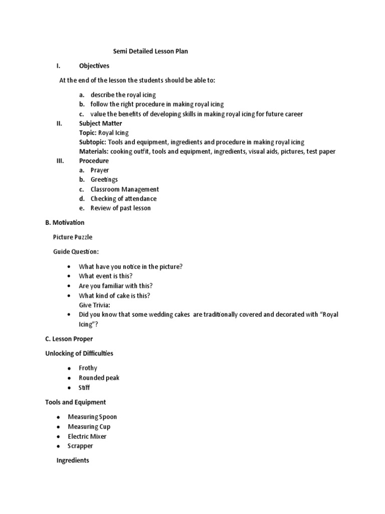 Semi Detailed Lesson Plan | PDF | Icing (Food) | Cakes