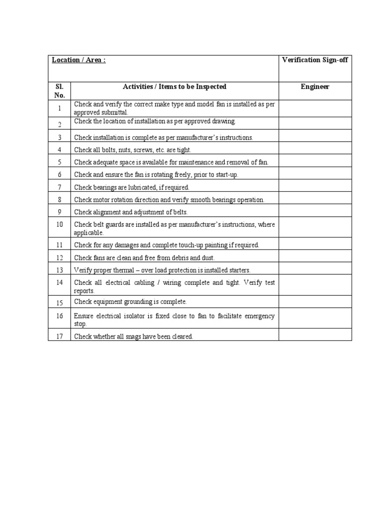 Pre Commissioning Check List For Fans | PDF