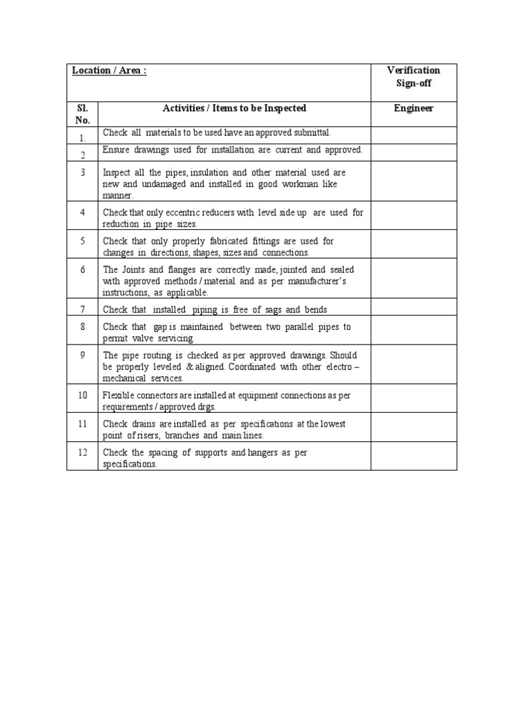 Check List Chilled Water Piping Pdf Pipe Fluid Conveyance