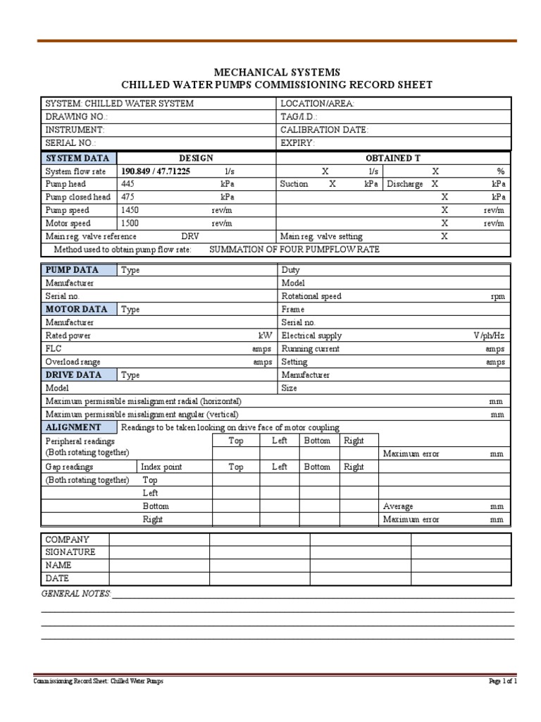CHW PUMP Commissioning Test Sheet | PDF | Pump | Machines