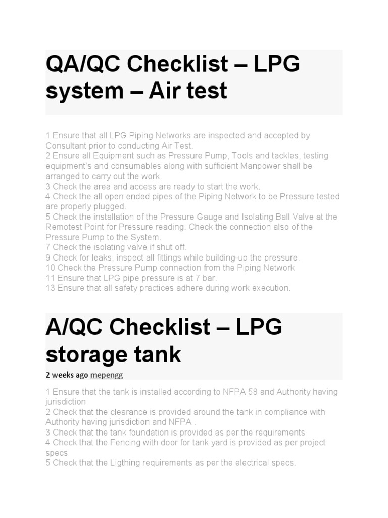 LPG Check List | PDF | Duct (Flow) | Pipe (Fluid Conveyance)