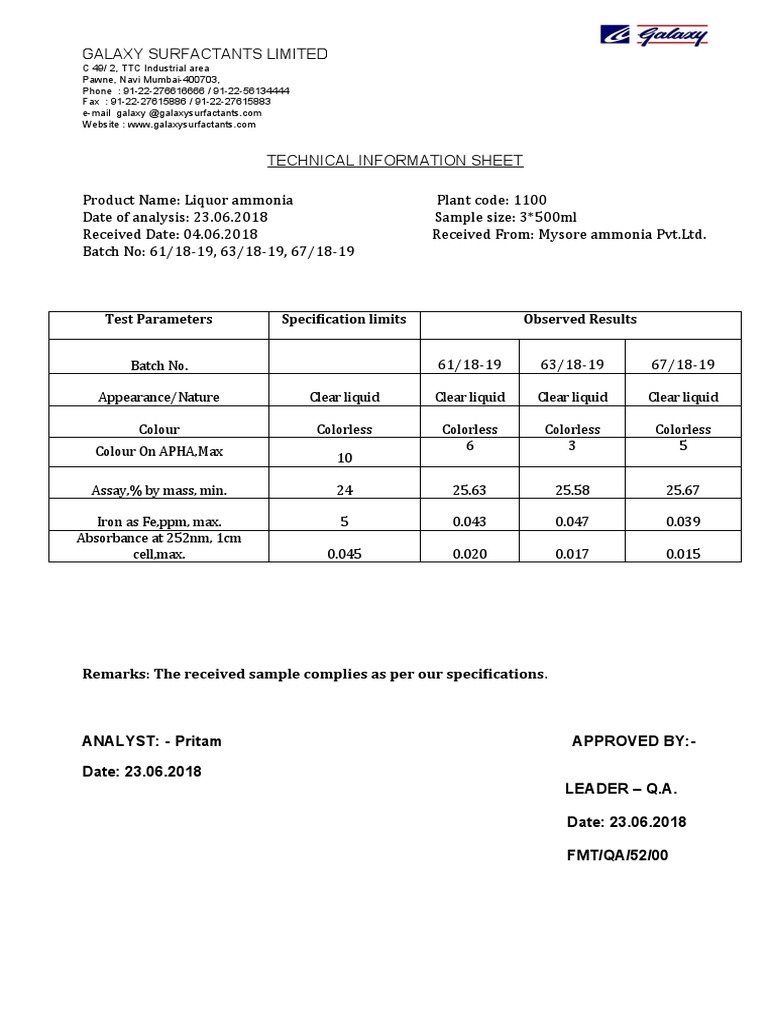 Technical Sheet For Liquor Ammonia 25.06.2018 (28656) | PDF