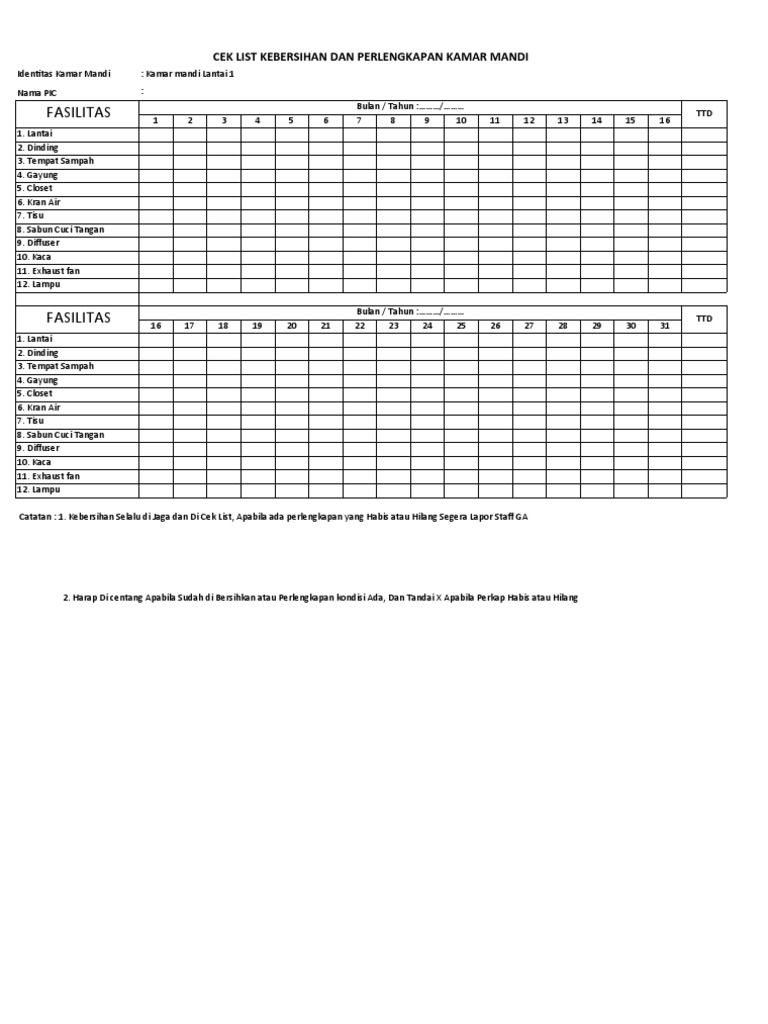 Form Ceklis Kebersihan Toilet Kantor | PDF