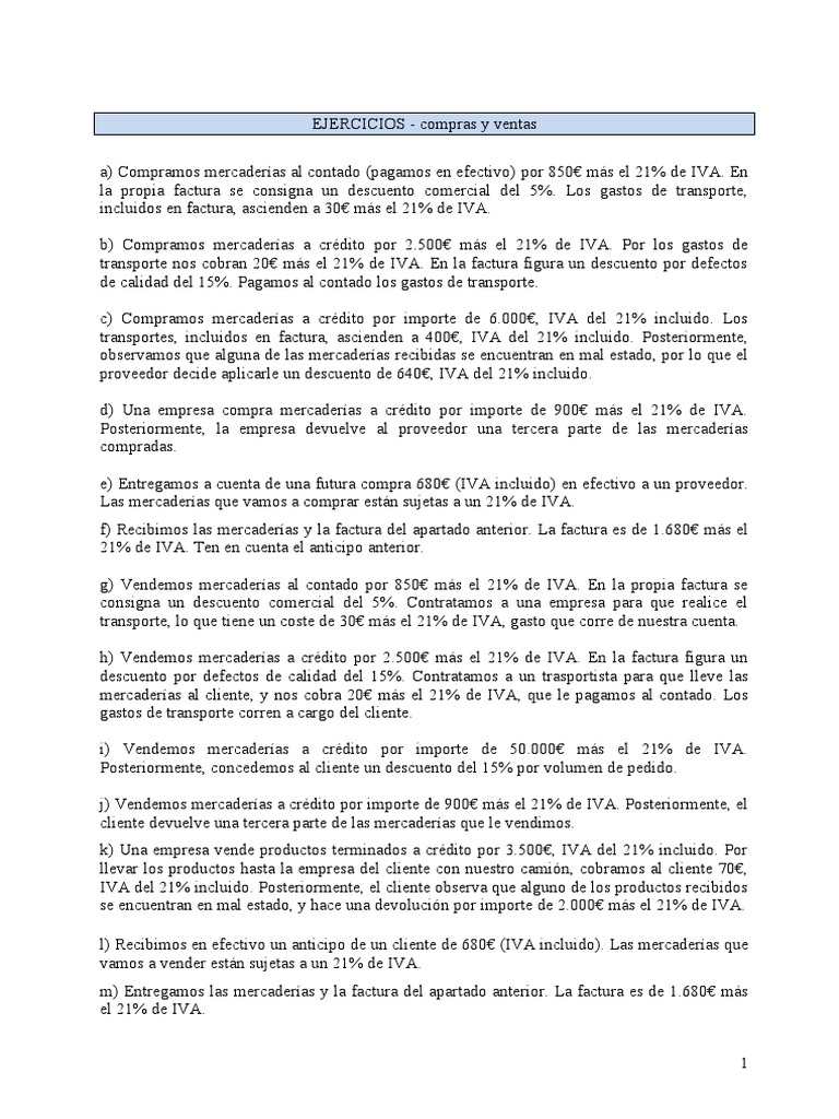 Ejercicios Compras y Ventas | PDF | Factura | Economias
