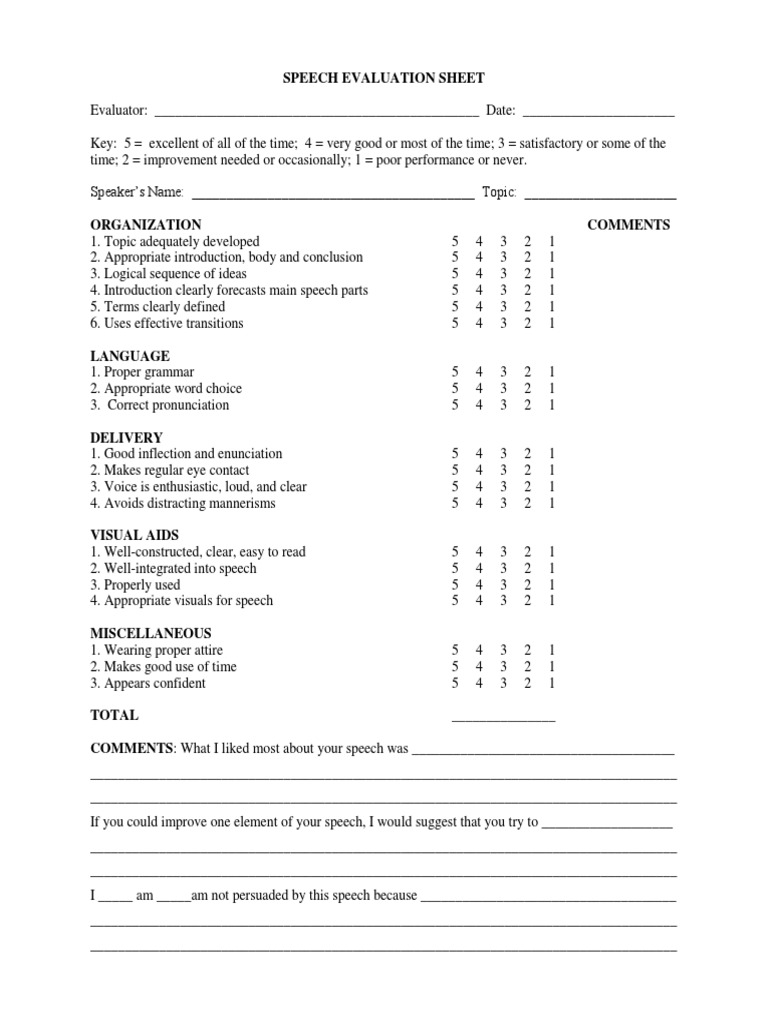 Speech Evaluation Sheet | PDF | Communication | Cognitive Science