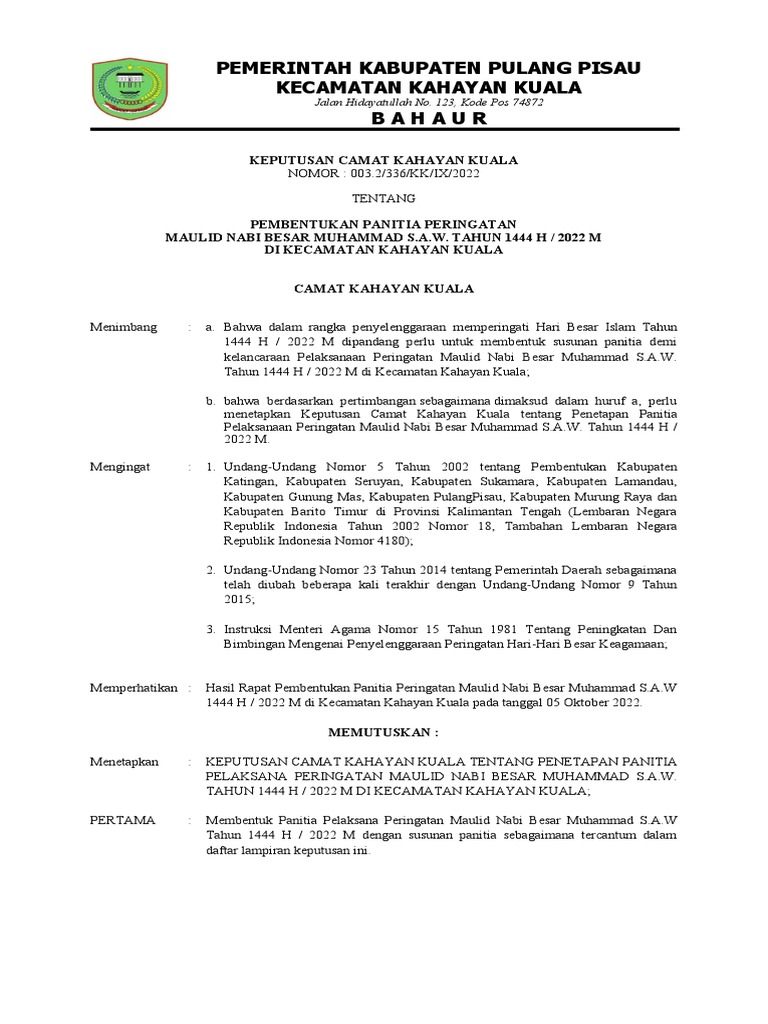 SK. Camat Tentang Panitia Maulid 22 | PDF