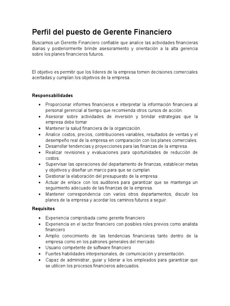 Perfil Del Puesto de Gerente Financiero Josu | PDF | Marketing | Gestión de recursos humanos