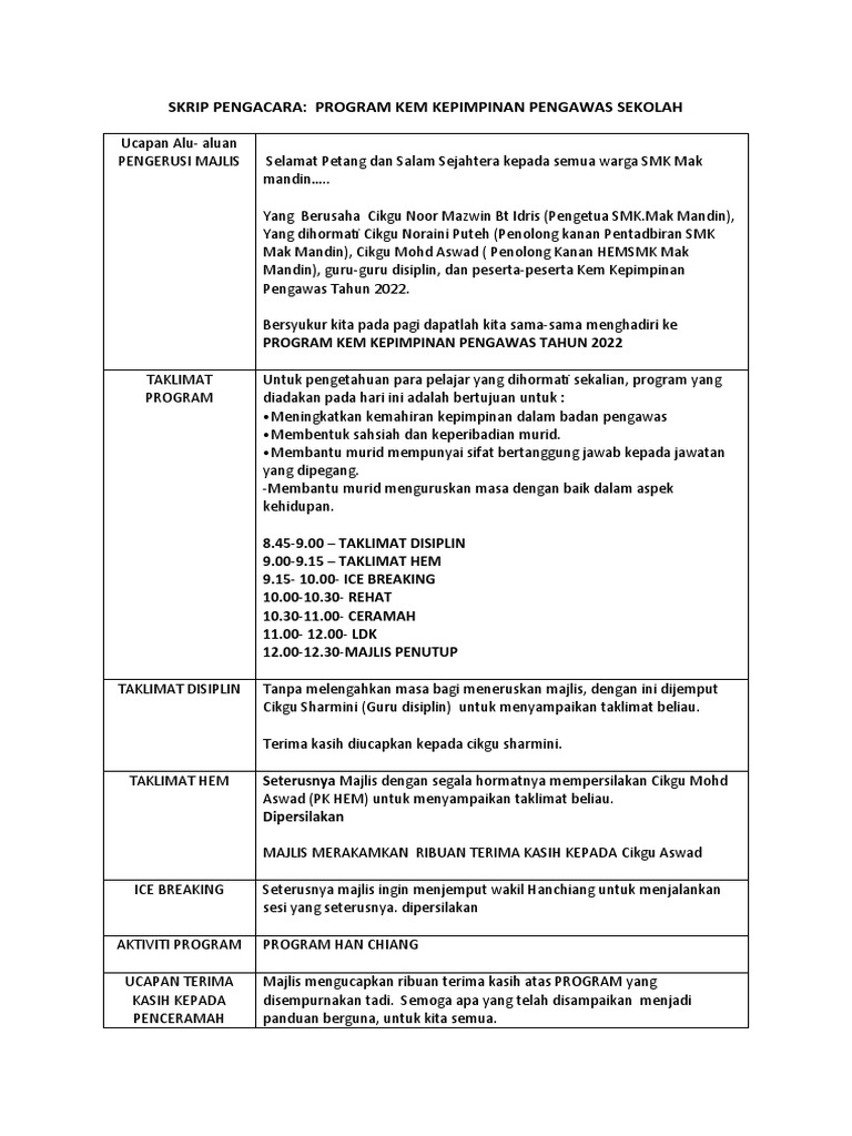 Skrip Pengacara Kem Kepimpinan Pengawas Sekolah | PDF