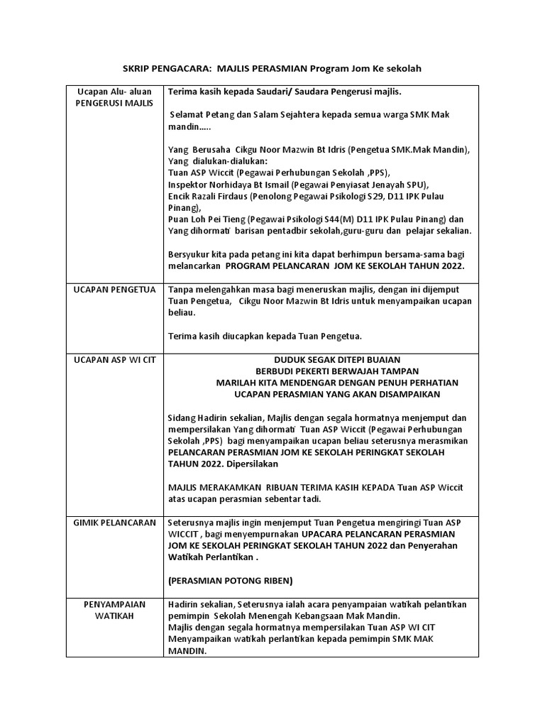 Skrip Pengacara Majlis Jom Ke Sekolah | PDF