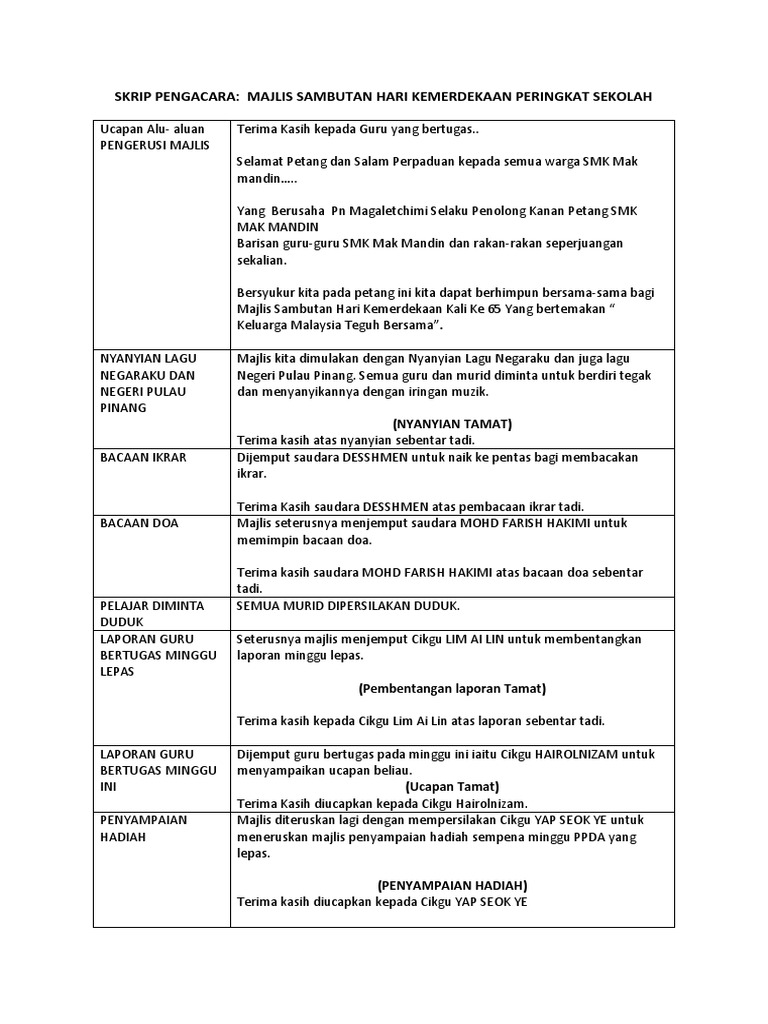 Skrip Pengacara Majlis Sambutan Hari Kemerdekaan | PDF