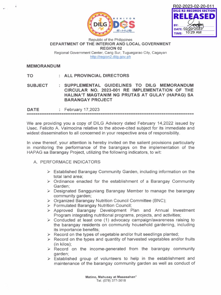 Supplemental Guidelines To Dilg Memorandum Circular No 2023 001 Re Implementation Of The Hapag
