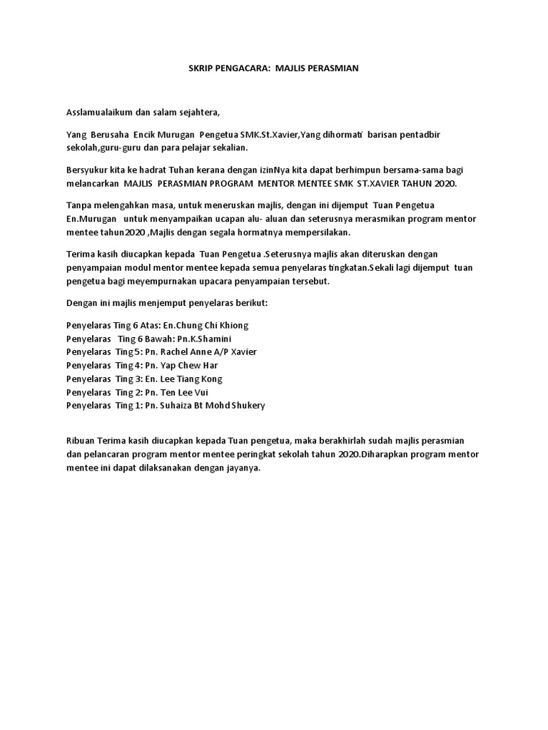 Skrip Pengacara Majlis Perasmian | PDF